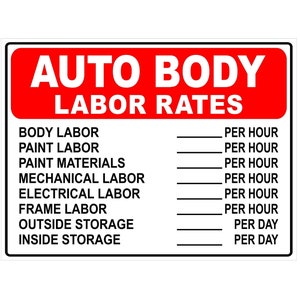 Body Shop Auto Body Repair Collision Labor Rates Hourly Price Sign PDF ...