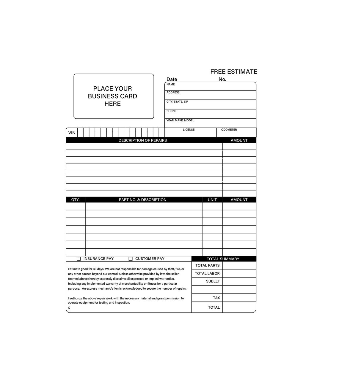 Body Shop Mechanic Shop Service Center Form to Give Free Estimates PDF ...
