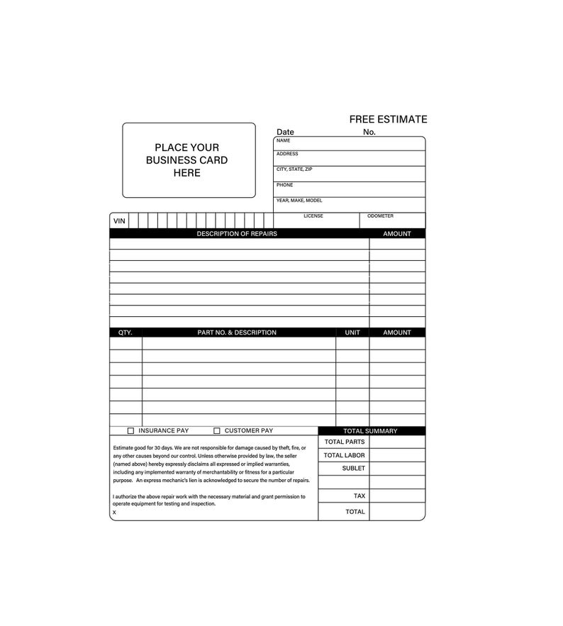 Body Shop Mechanic Shop Service Center Form to Give Free Estimates PDF ...