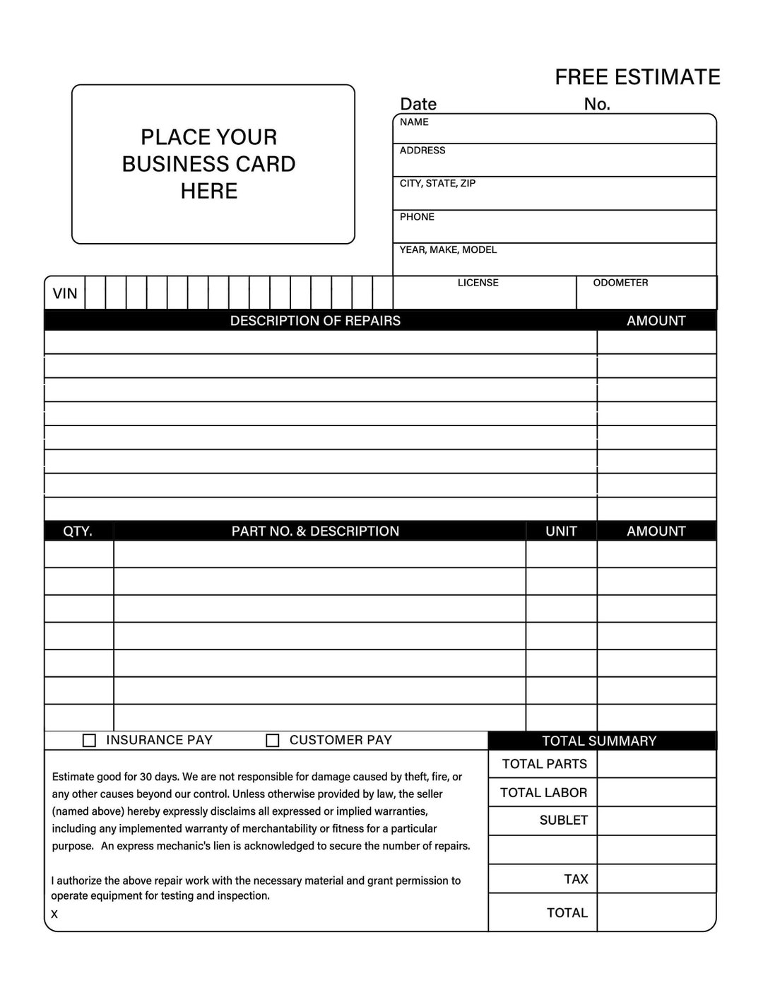 Body Shop Mechanic Shop Service Center Form to Give Free Estimates PDF ...