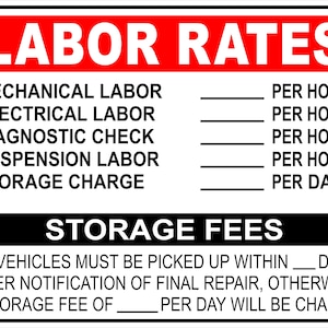 Mechanic Shop Labor Hourly Rate & Storage Fees Price Sign Template PDF ...