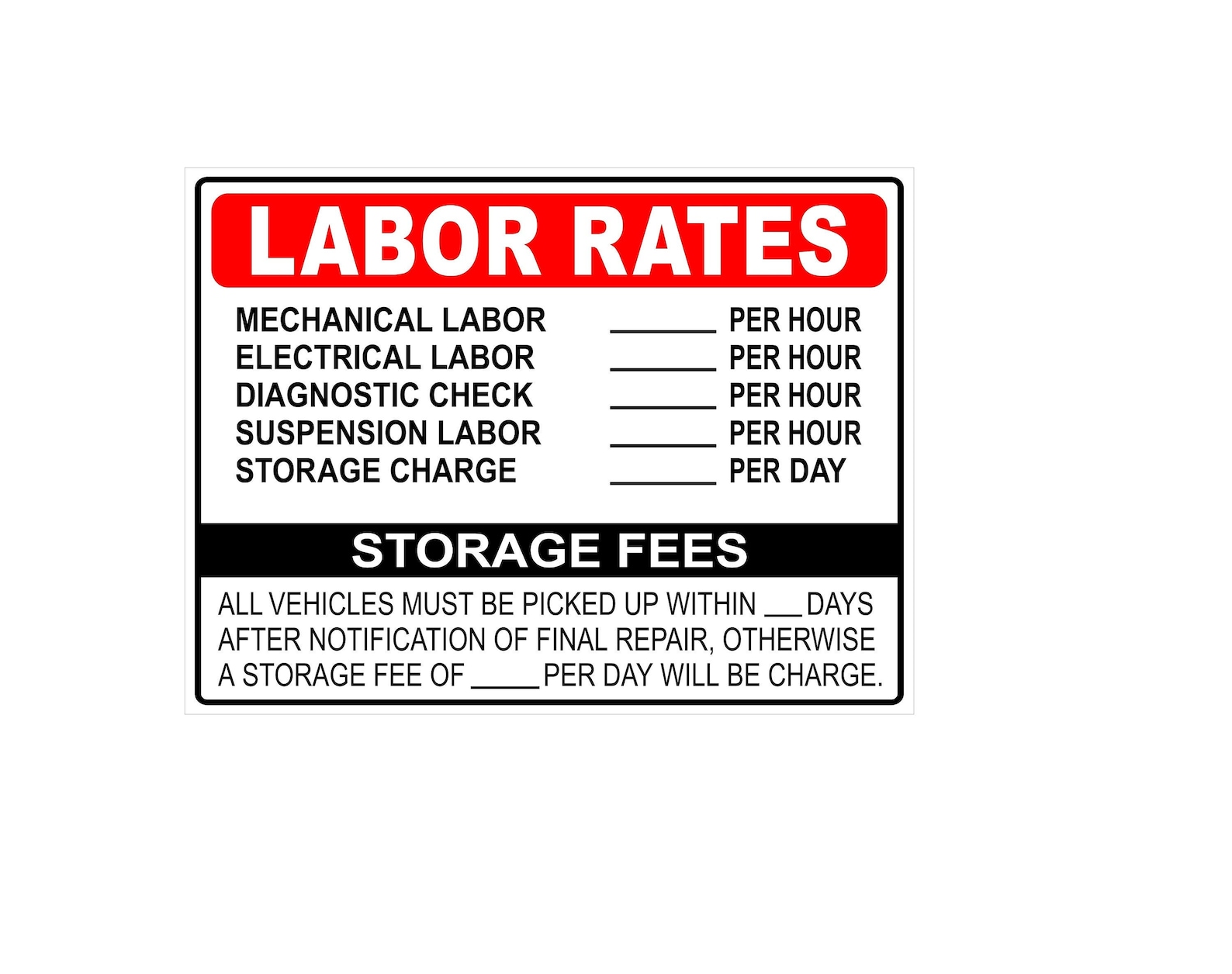 Mechanic Shop Labor Hourly Rate & Storage Fees Price Sign Template PDF ...