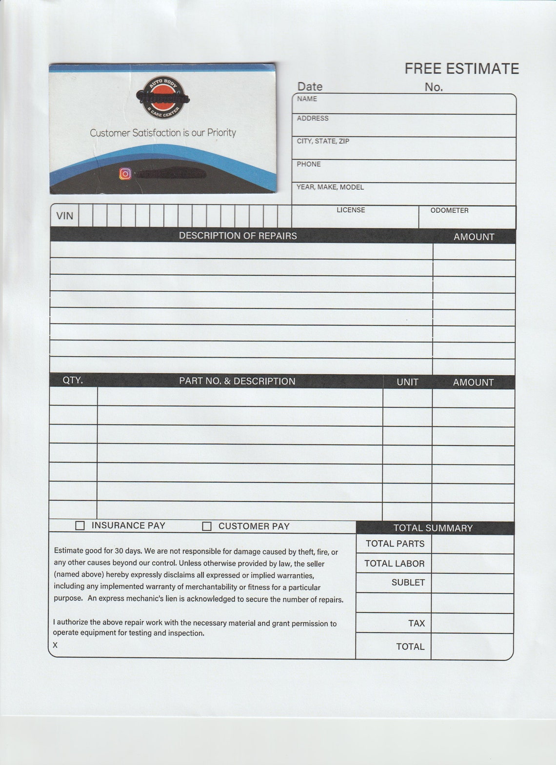 Body Shop Mechanic Shop Service Center Form to Give Free Estimates PDF ...