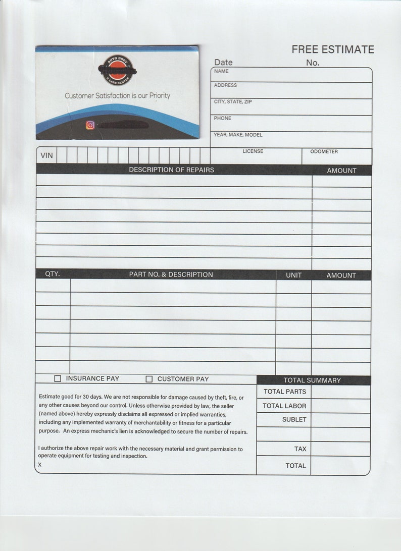 Body Shop Mechanic Shop Service Center Form to Give Free Estimates PDF ...