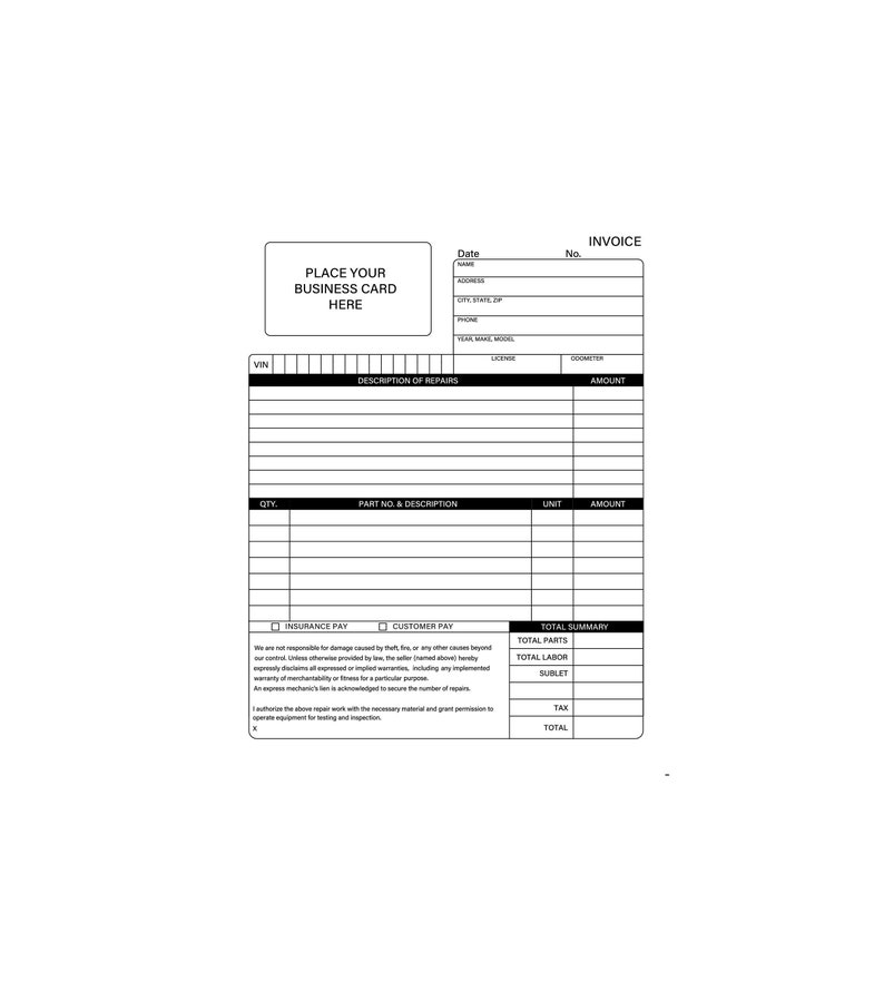 Auto Repair Shop Invoice Form Template (PDF) - Etsy