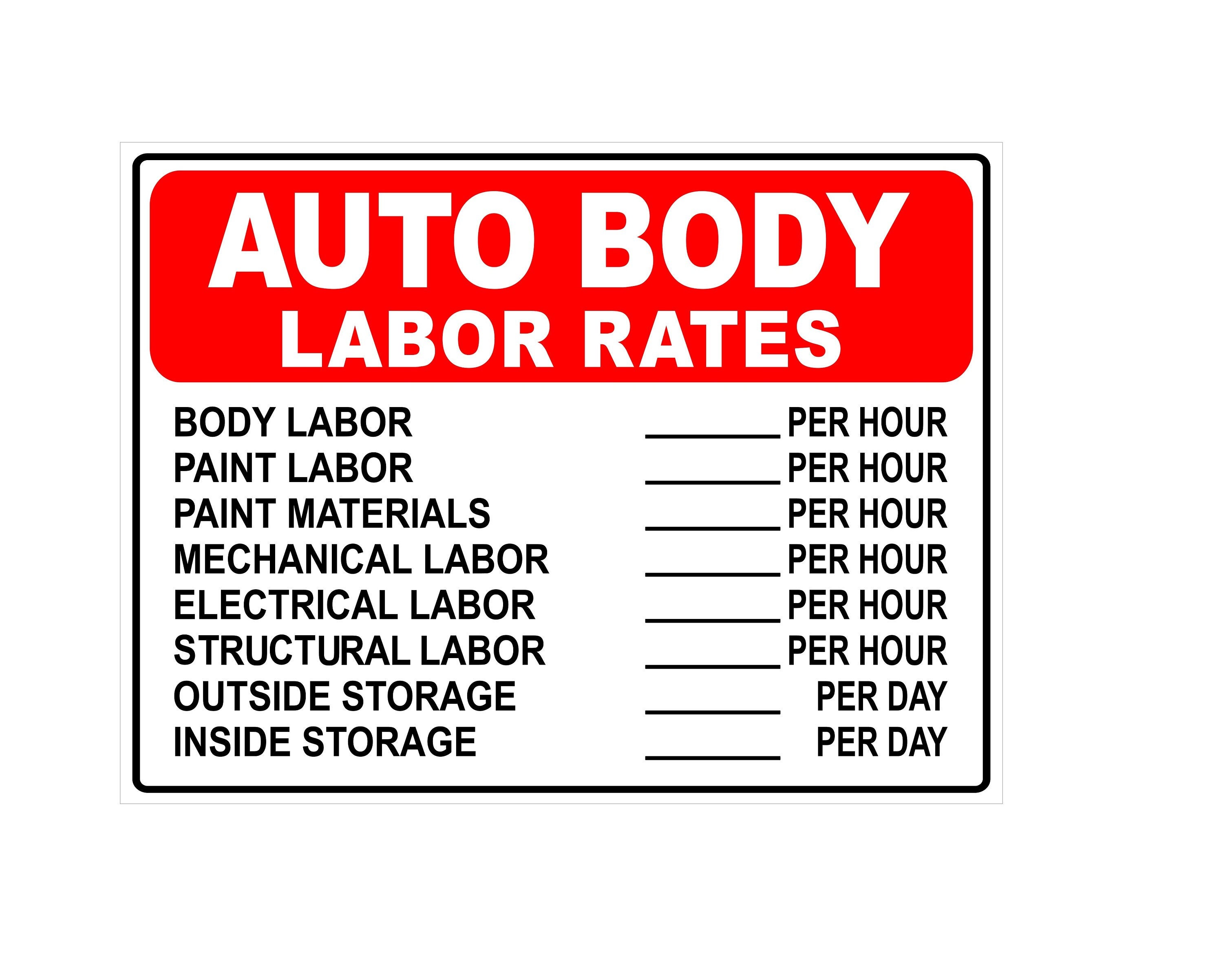 Collision Repair Shop Bodyshop Hourly Labor Rates Sign PDF Template ...