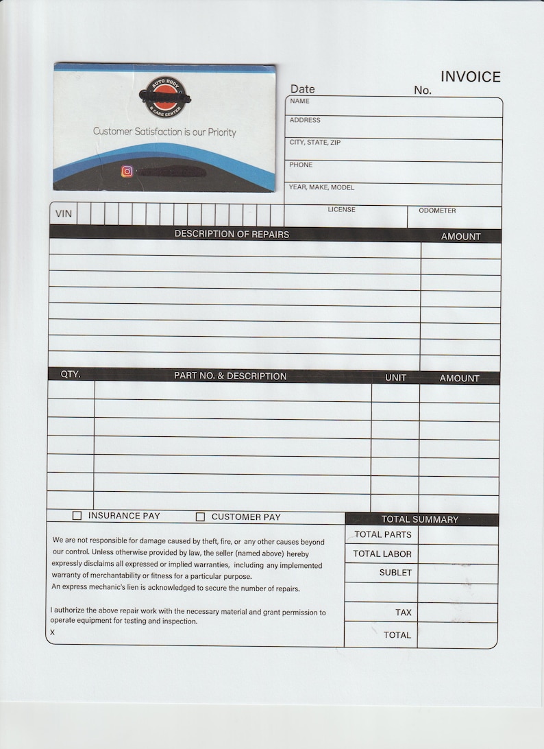 Auto Repair Shop Invoice Form Template (PDF) - Etsy