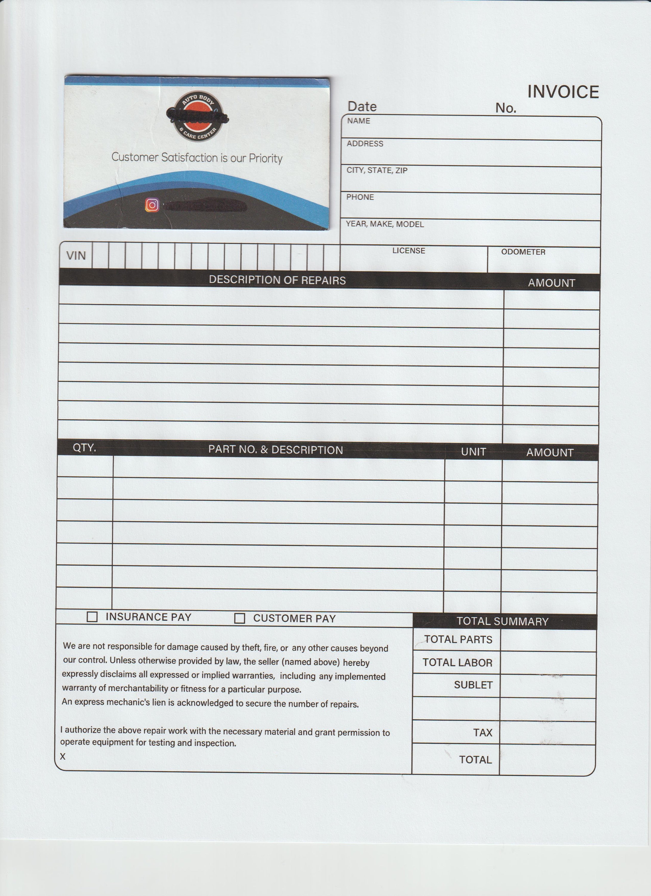Auto Repair Shop Invoice Form Template (PDF) - Etsy