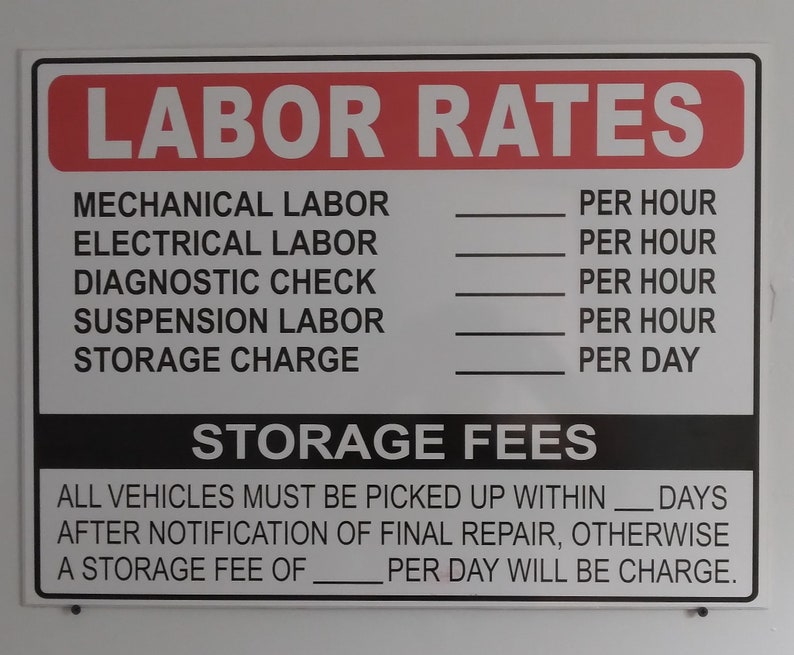 Mechanic Shop Labor Hourly Rate & Storage Fees Price Sign Template PDF ...