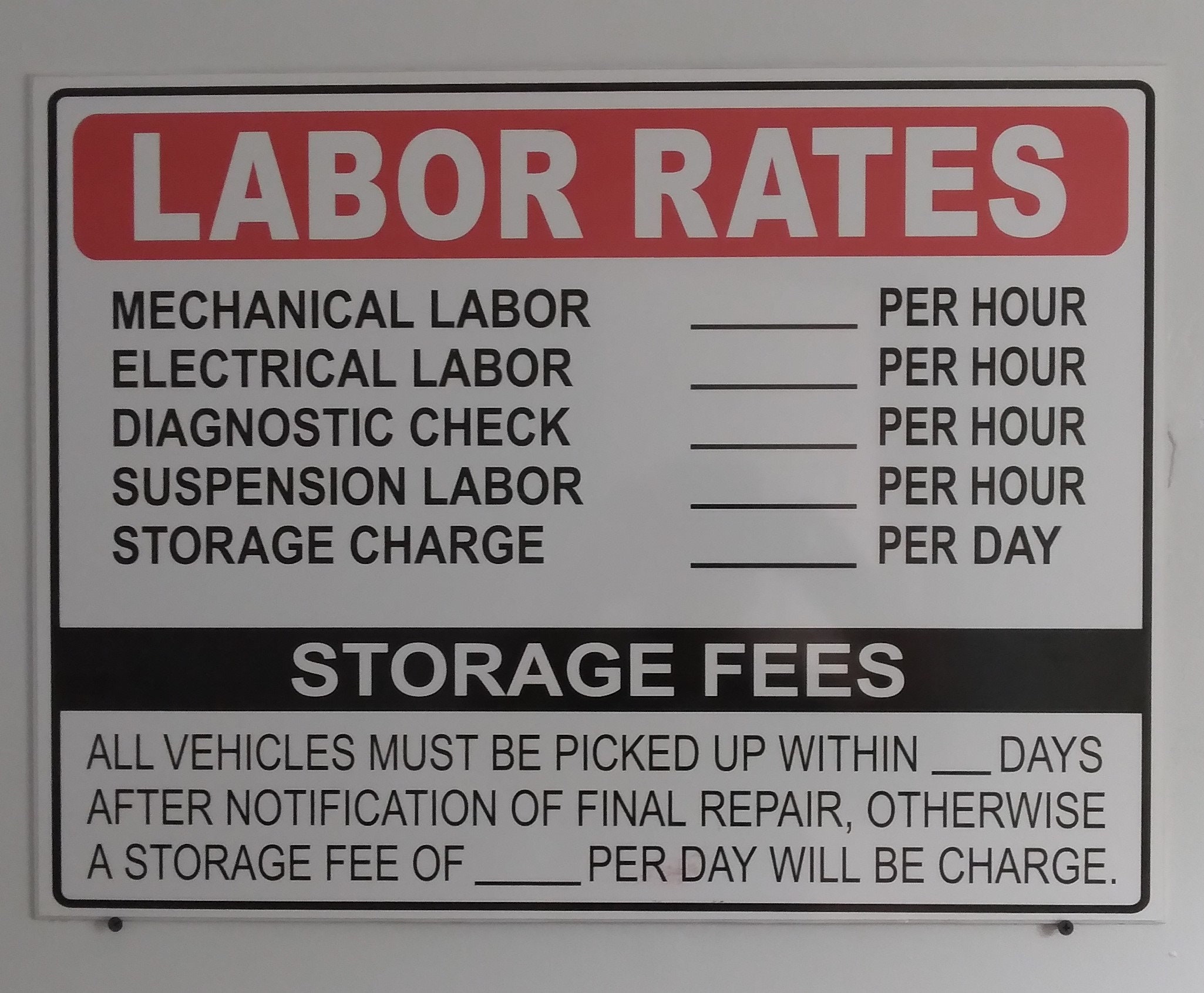 Mechanic Shop Labor Hourly Rate & Storage Fees Price Sign Template PDF ...