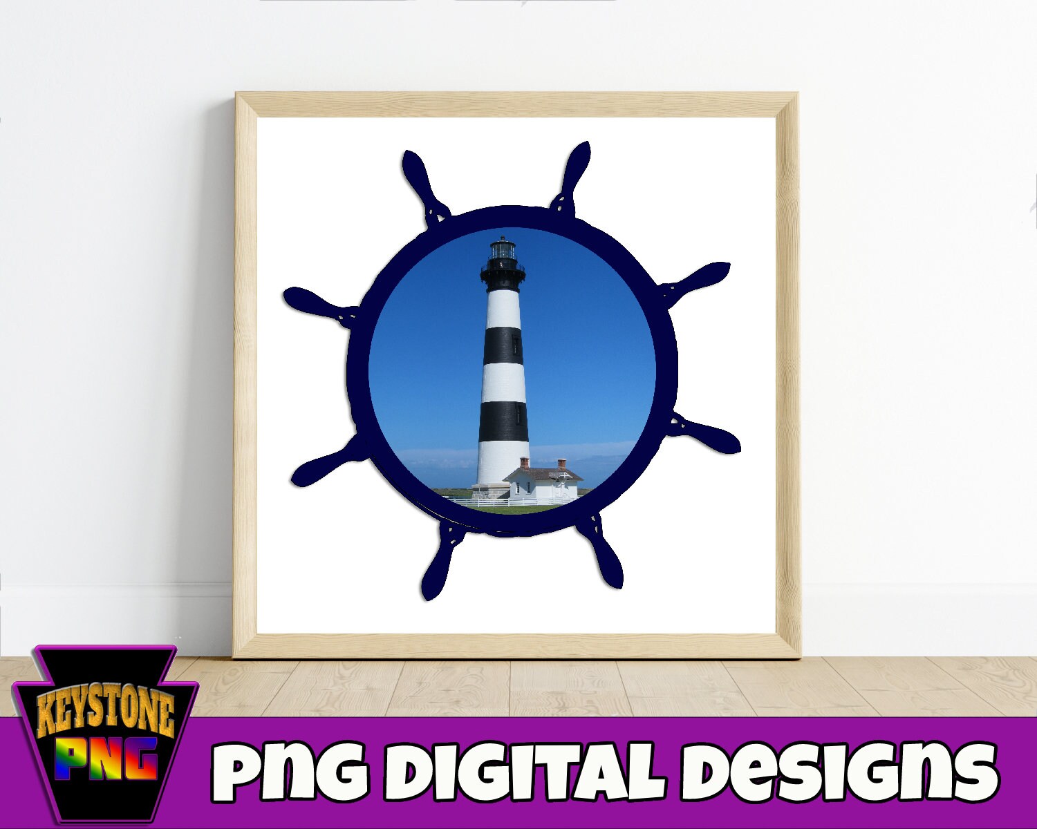 Lighthouse in Ship's Wheel Design. Nautical Decor PNG. Beach House Art ...