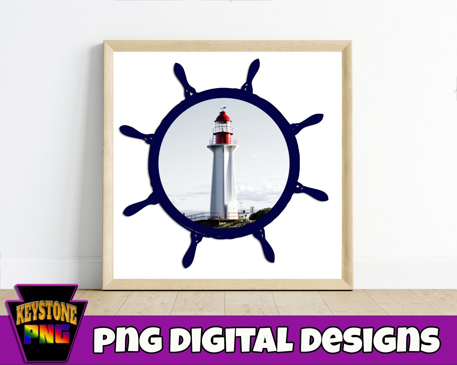 Lighthouse in Ship's Wheel Design. Nautical Decor PNG. Beach House Art ...