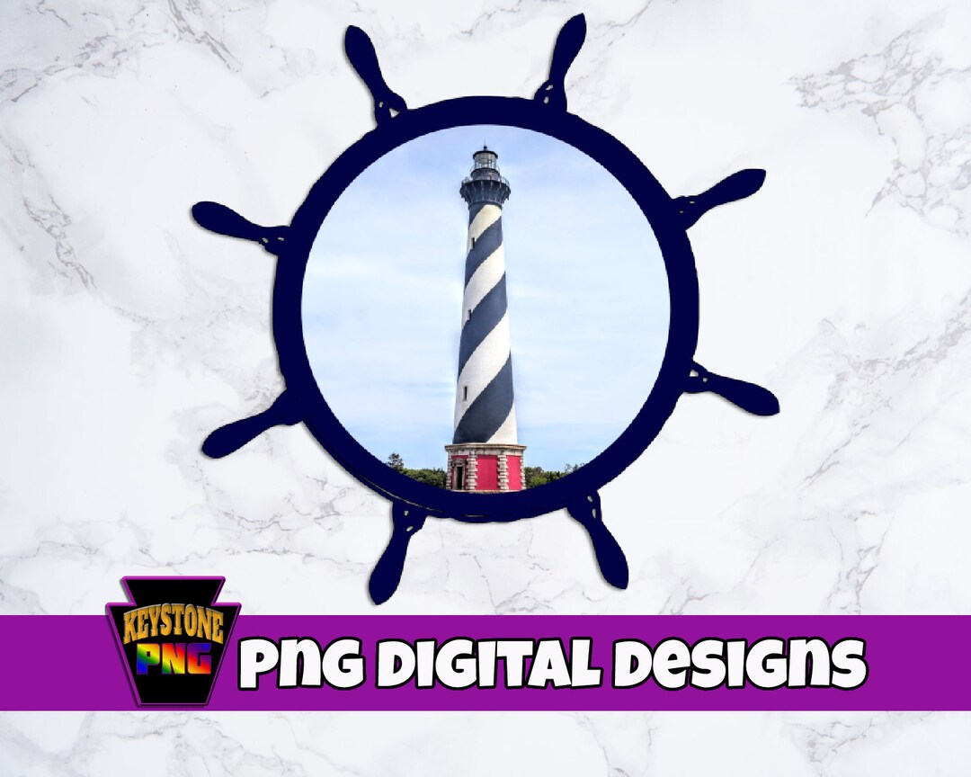 Lighthouse in Ship's Wheel Design. Nautical Decor PNG. Beach House Art ...