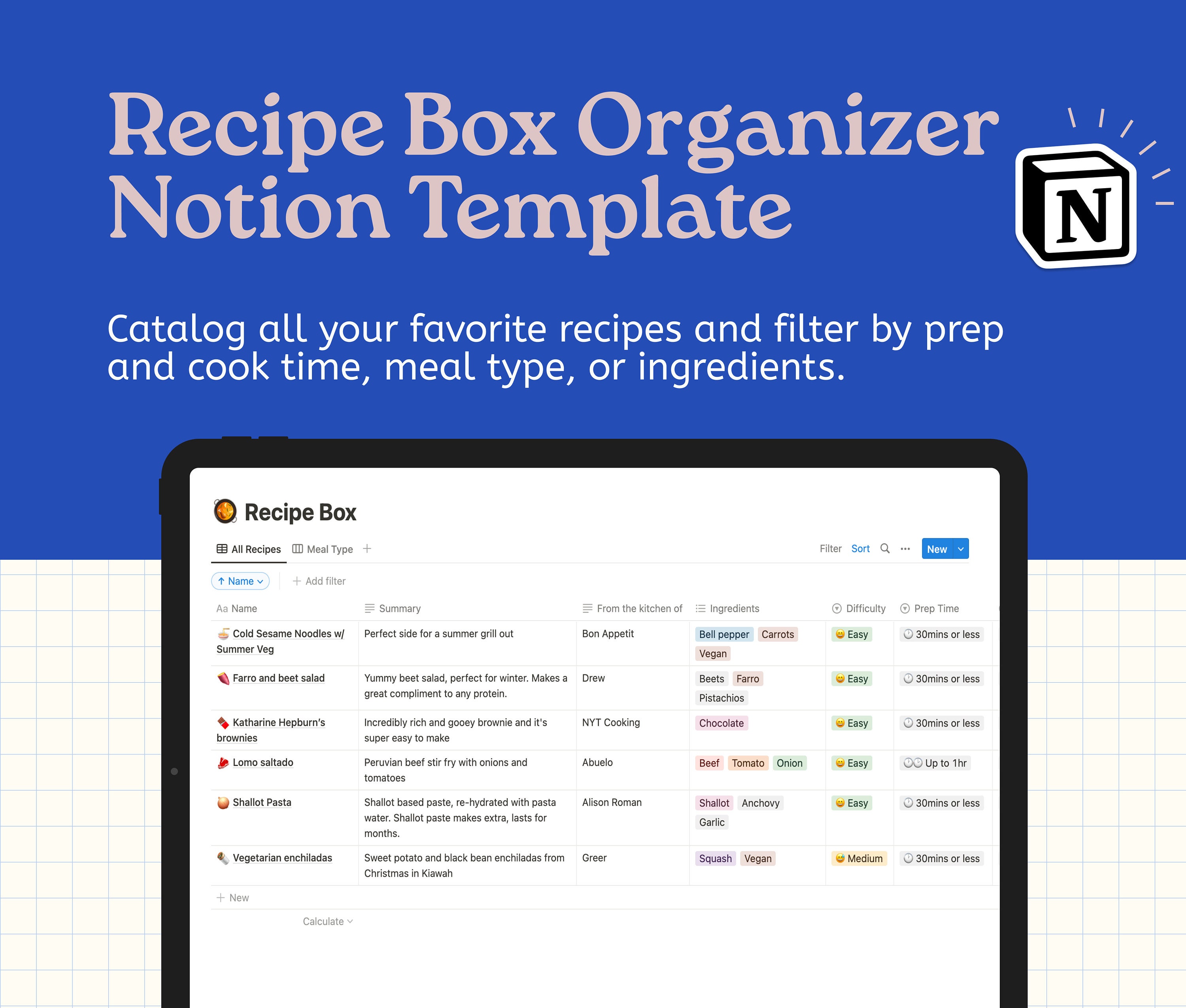Recipe Organizer Notion Template for Home Cooks Sort Recipes by Prep ...
