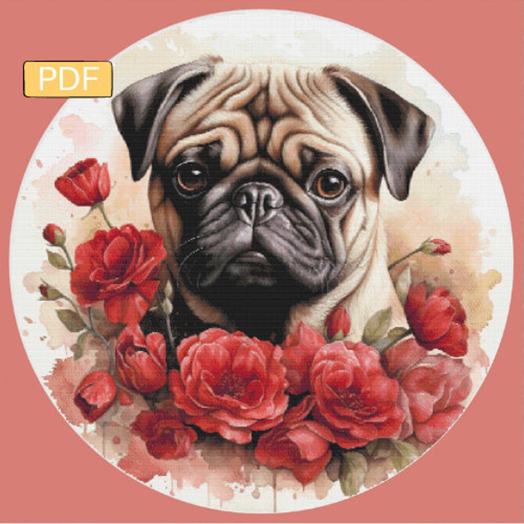 Watercolor Pug With Roses - Digital Download PDF Cross Stitch Pattern ...