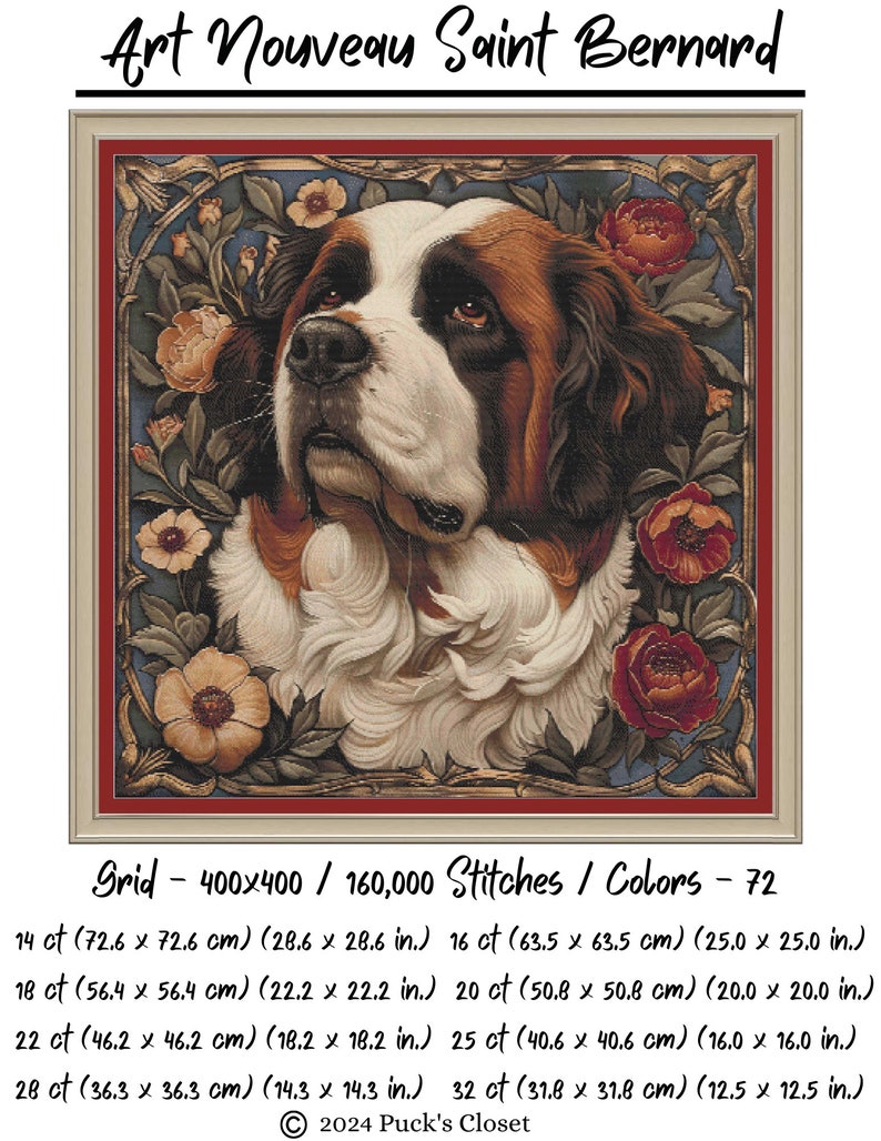 Art Nouveau Saint Bernard - Digital Download PDF Cross Stitch Pattern ...