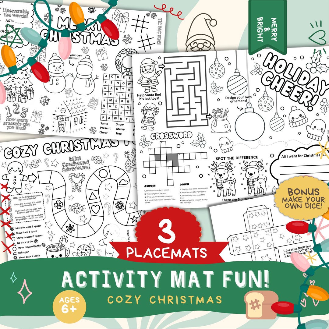 Christmas Activity Mat Bundle - 3 Coloring Placemats Bold Easy Holiday ...