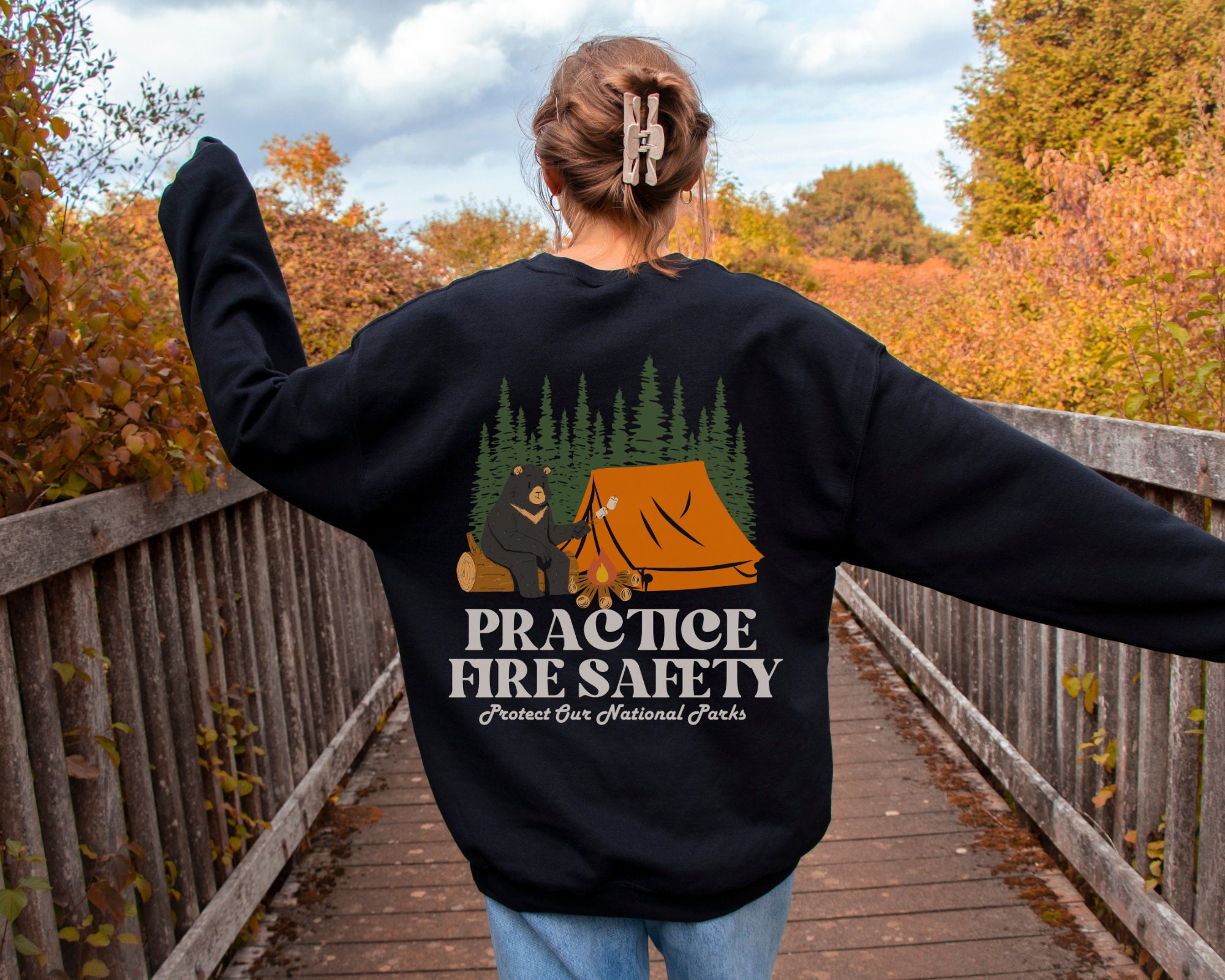 Granola Girl Aesthetic Crew Neck Sweatshirt, Camp Fire Safety, Protect ...
