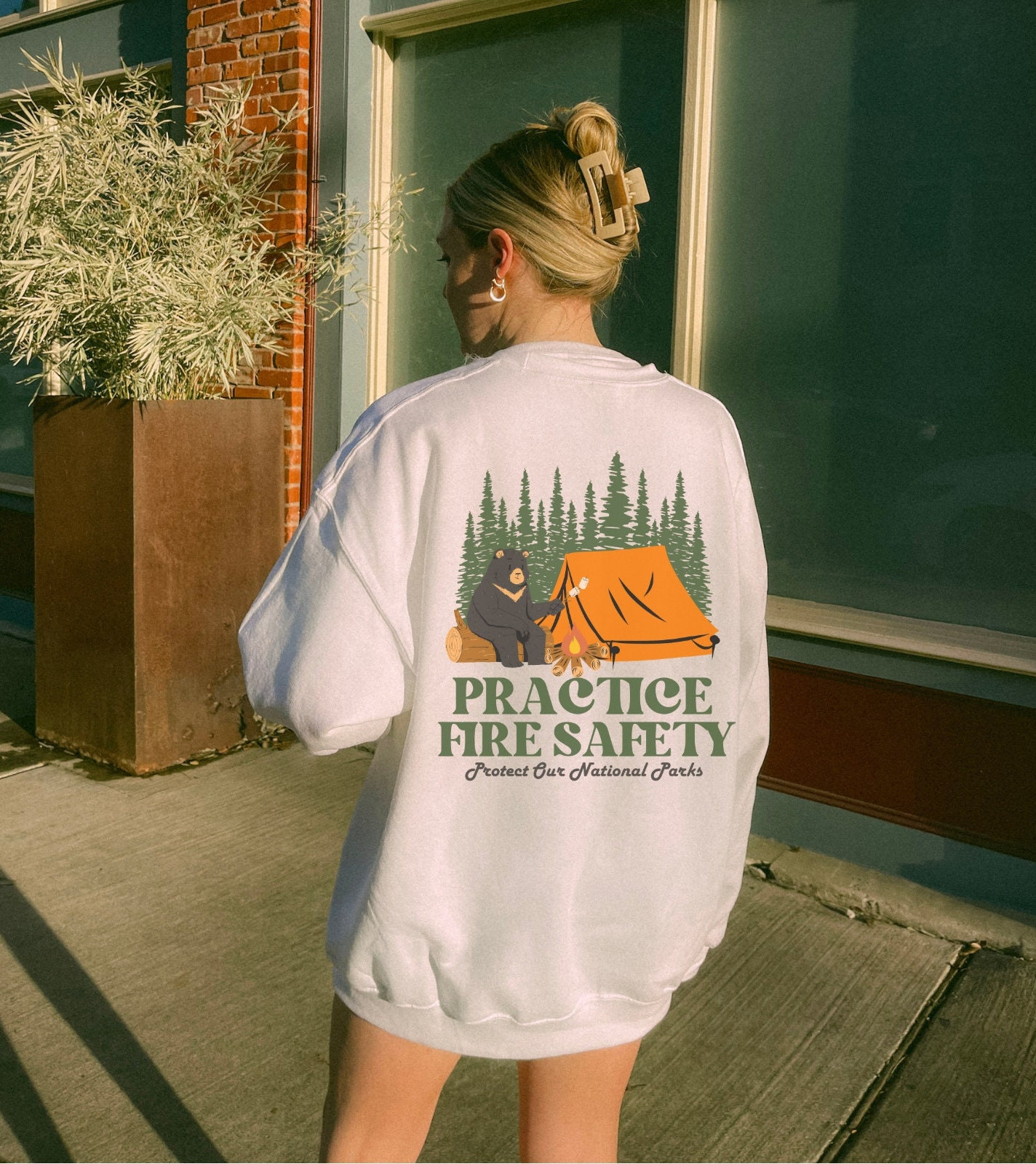 Granola Girl Aesthetic Crew Neck Sweatshirt, Camp Fire Safety, Protect ...