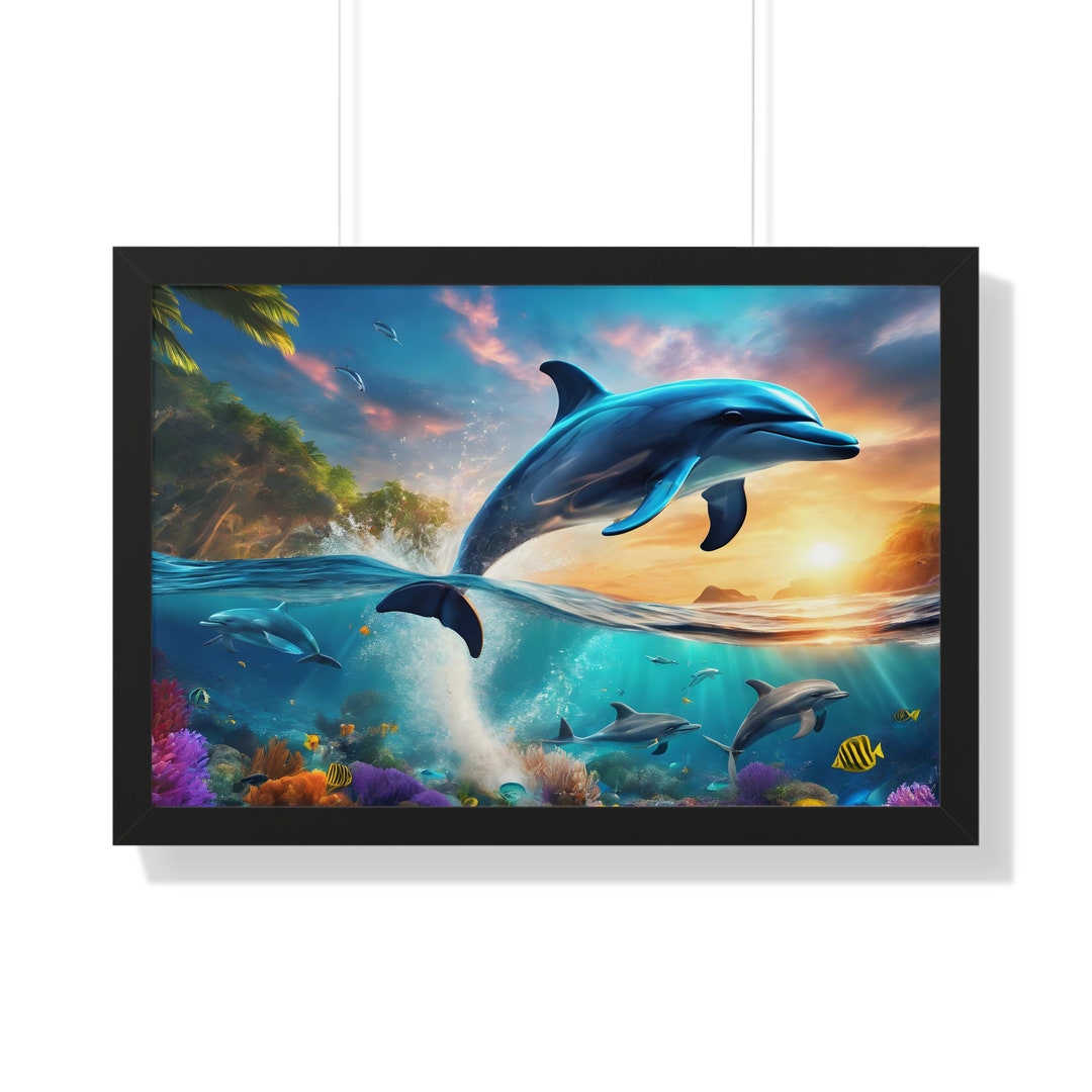 Undersea Dolphin Framed Horizontal Poster, Ocean Wildlife Frame Art ...