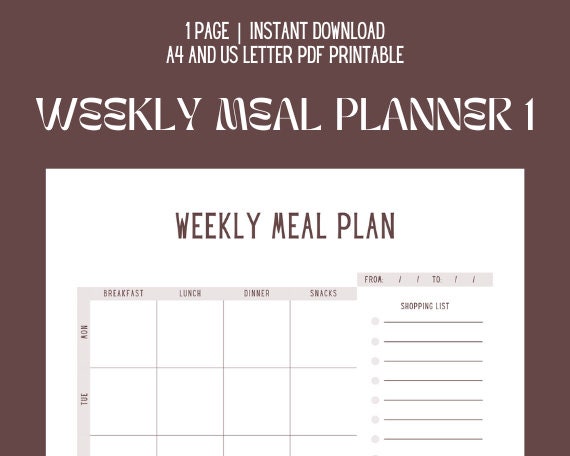 Printable PDF Weekly Meal Planner, Weekly Food Planner, Weekly Meal ...
