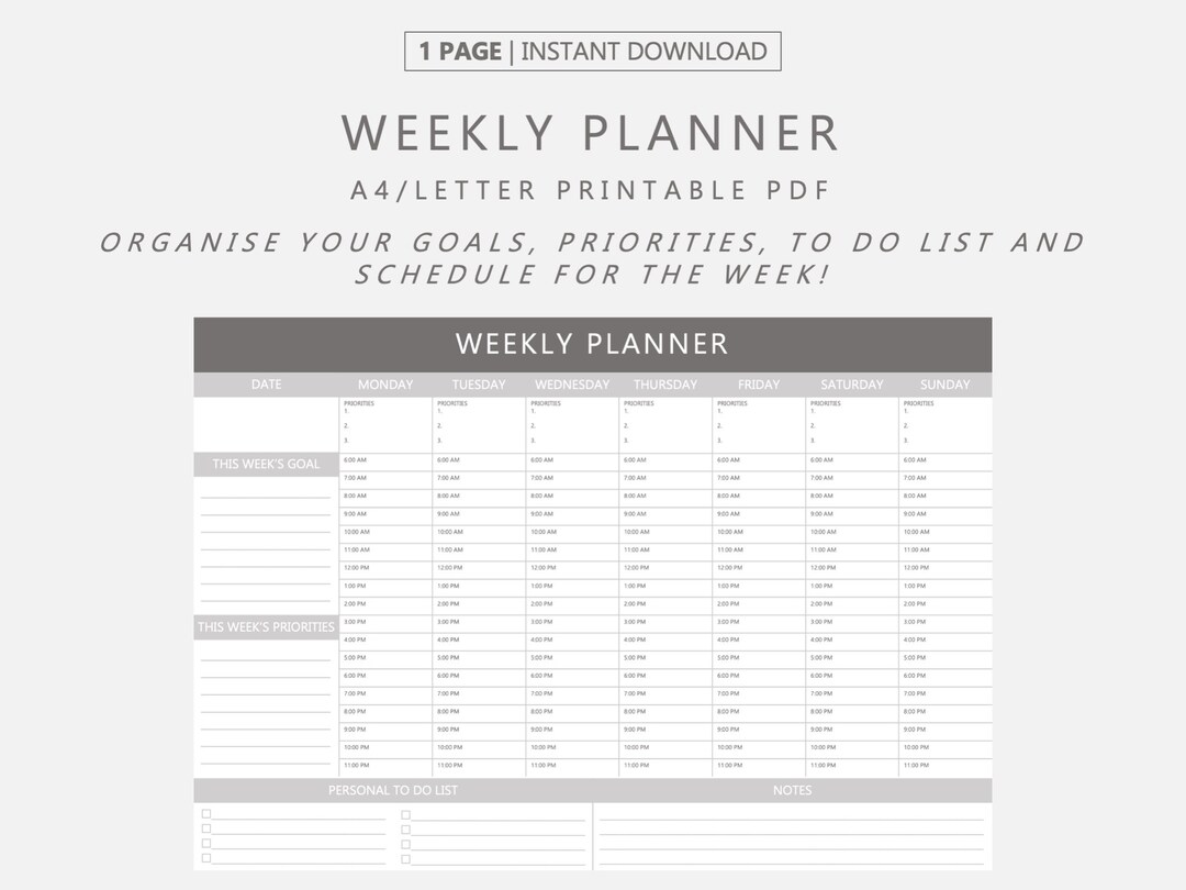 Printable PDF Weekly Planner With Goals, Priorities, to Do List and ...
