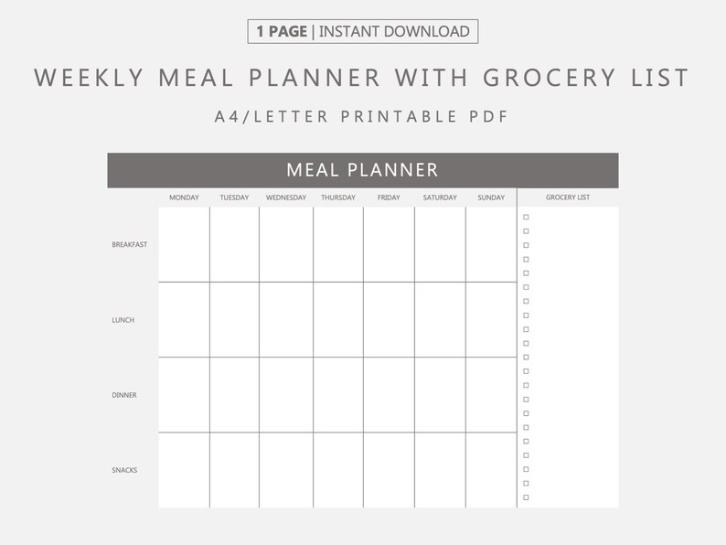 Printable PDF Weekly Meal Planner With Grocery List, Weekly Meal ...