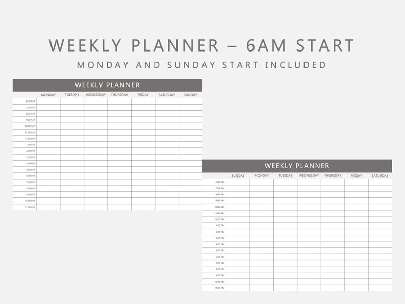 Printable PDF Weekly Schedule 6AM Start, Hourly Planner, Hourly ...