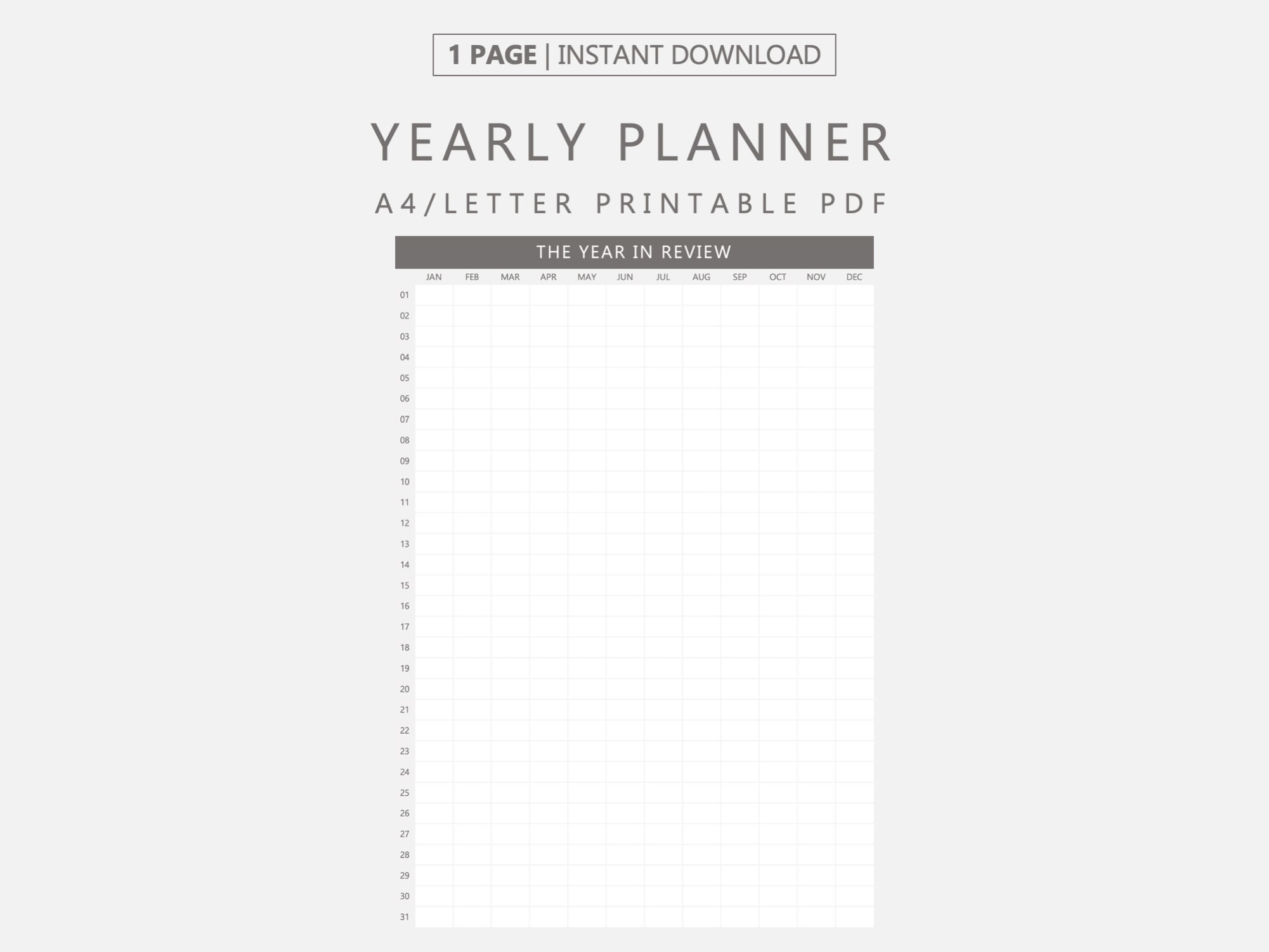 Printable PDF Yearly Planner, Year Calendar, Year in Review, Wall ...