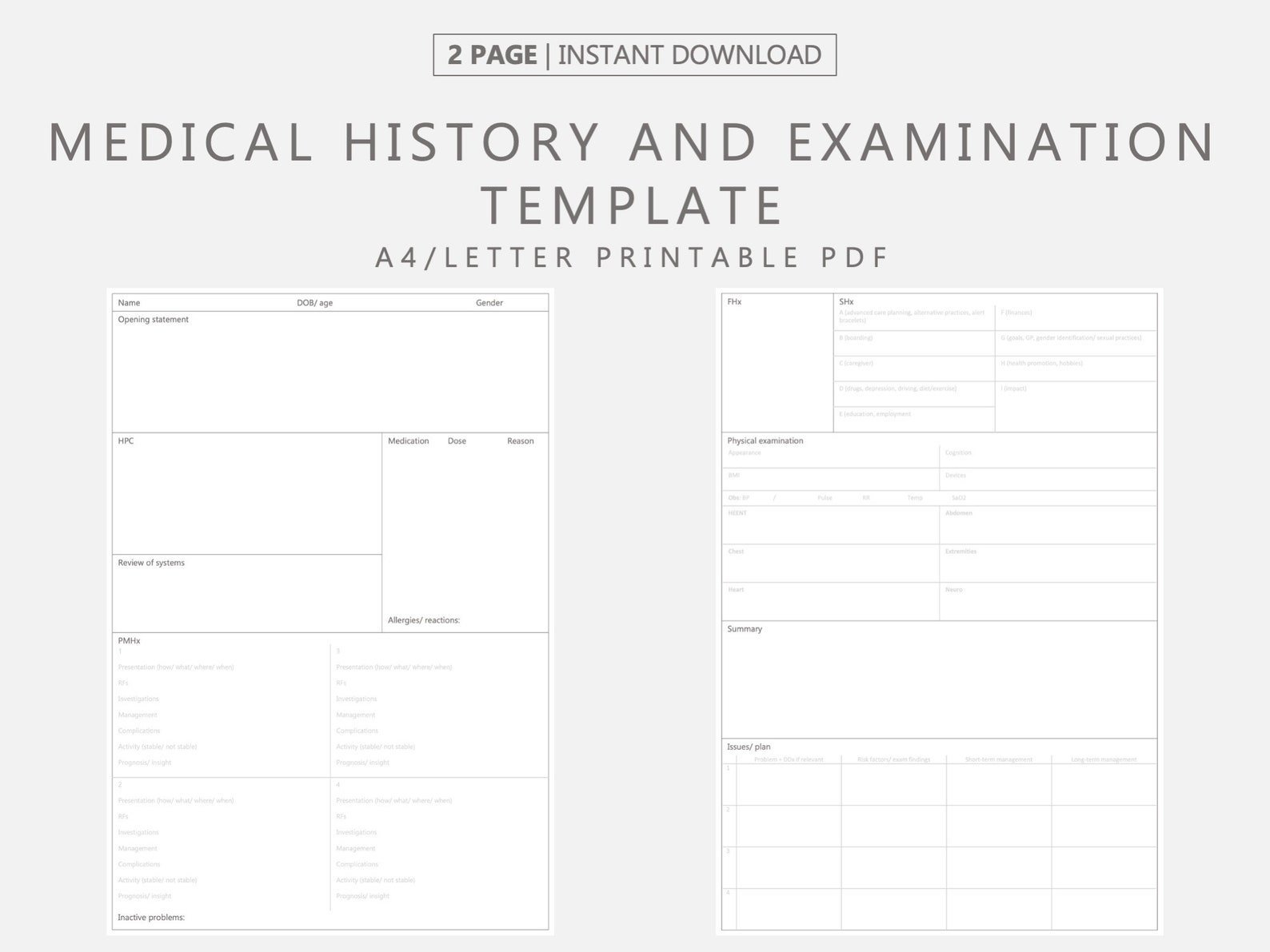 Printable PDF Medical History and Clinical Examination Template ...