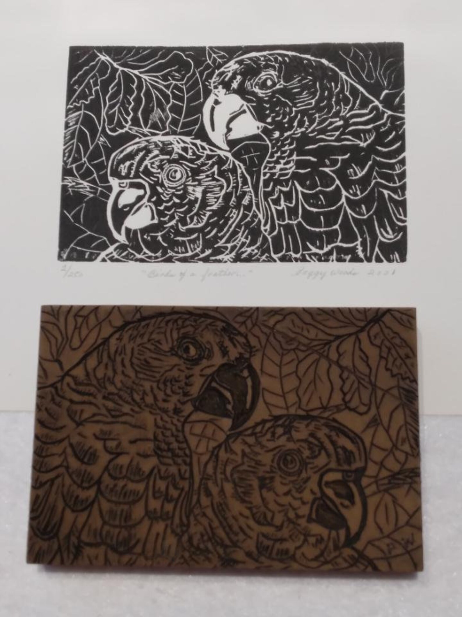 Parrot Pair Print, 4x6 Print, Original Linocut Print, Animal Art ...
