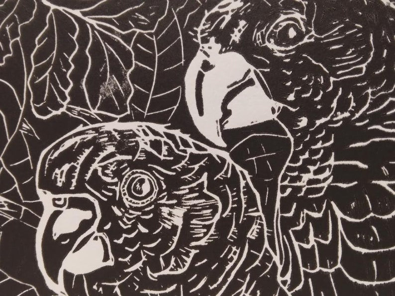 Parrot Pair Print, 4x6 Print, Original Linocut Print, Animal Art ...
