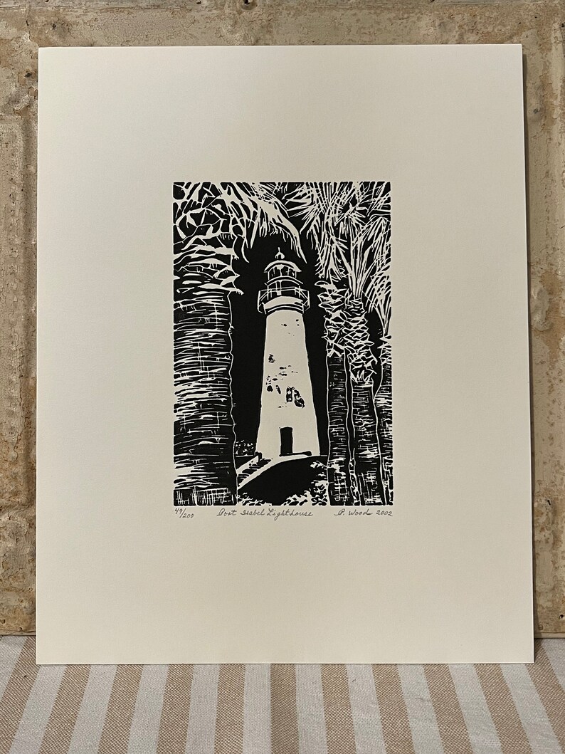Lighthouse Print, Texas Landmark Print, Original Linocut Print, Black ...