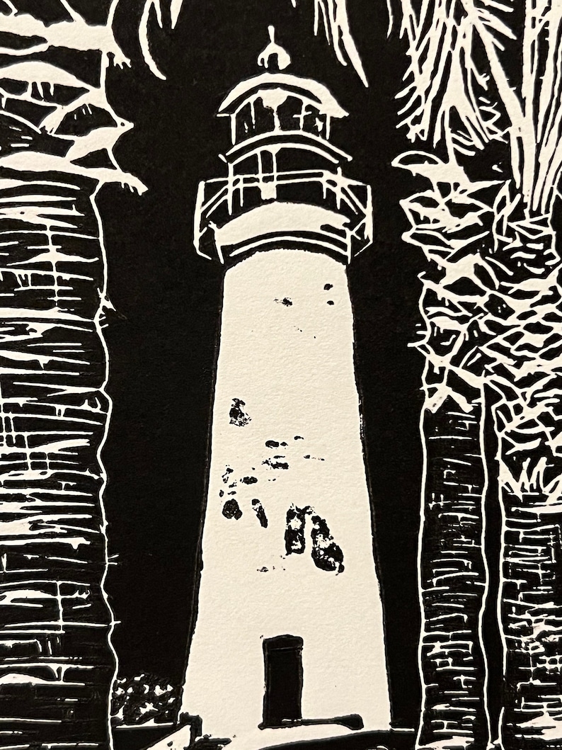 Lighthouse Print, Texas Landmark Print, Original Linocut Print, Black ...