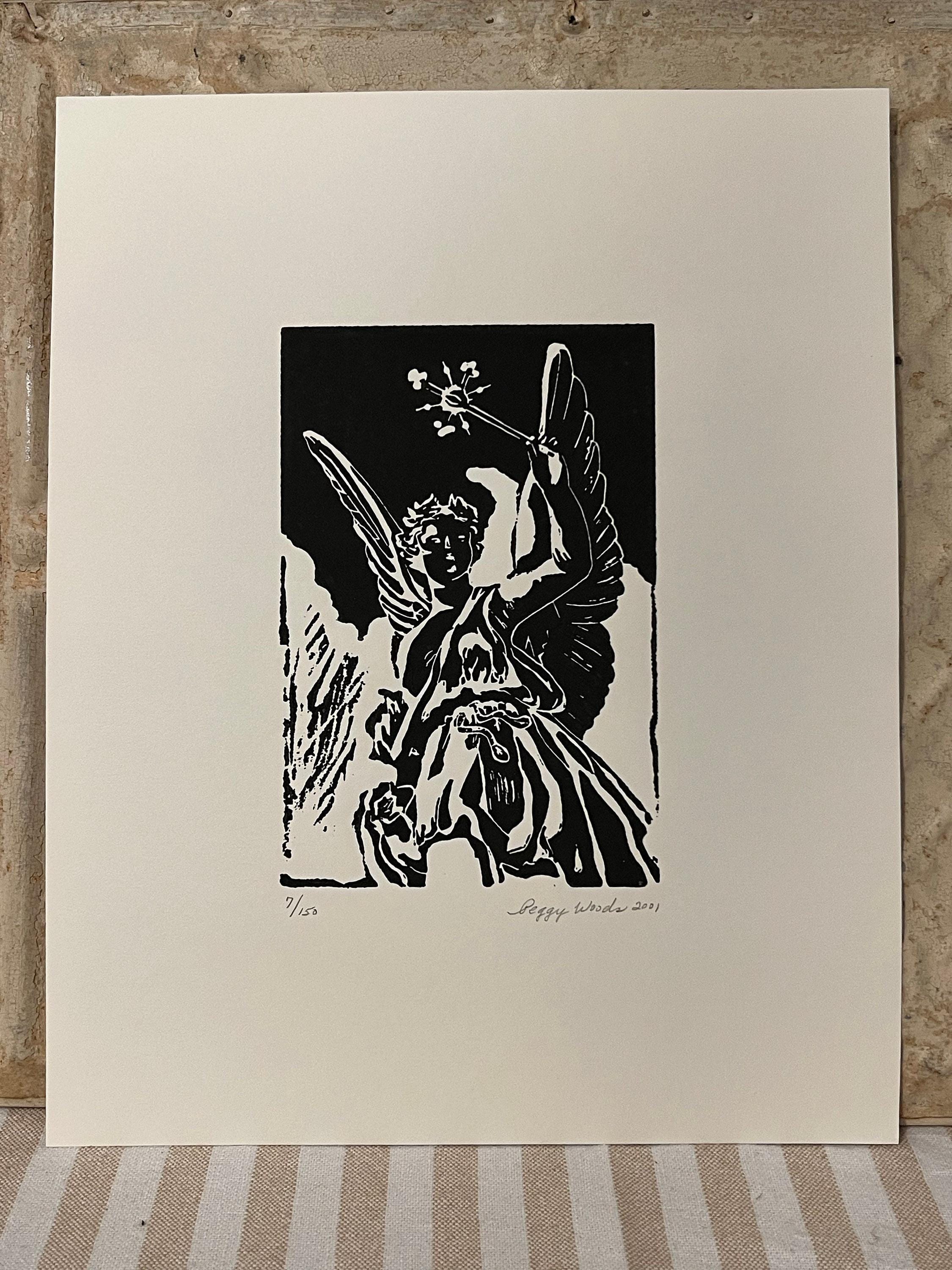 Angel Statue Print, 4x6 Print, Original Linocut Print, B&W Print, Peggy ...