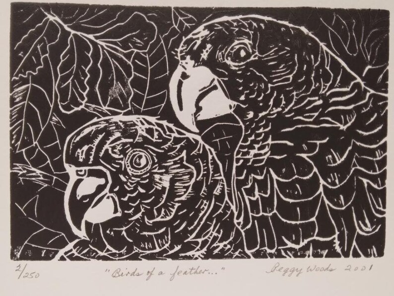 Parrot Pair Print, 4x6 Print, Original Linocut Print, Animal Art ...