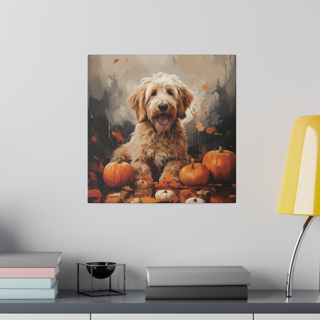 Fall Dog Canvas, Goldendoodle Wall Art, Pumpkins and Leaves Artwork ...