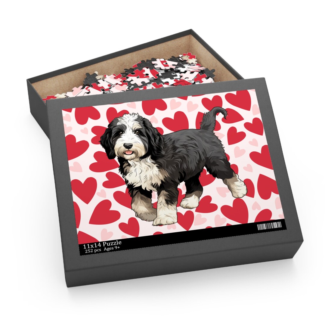 Valentine Bernedoodle Jigsaw Puzzle Box, Colorful Hearts Puzzle Best ...
