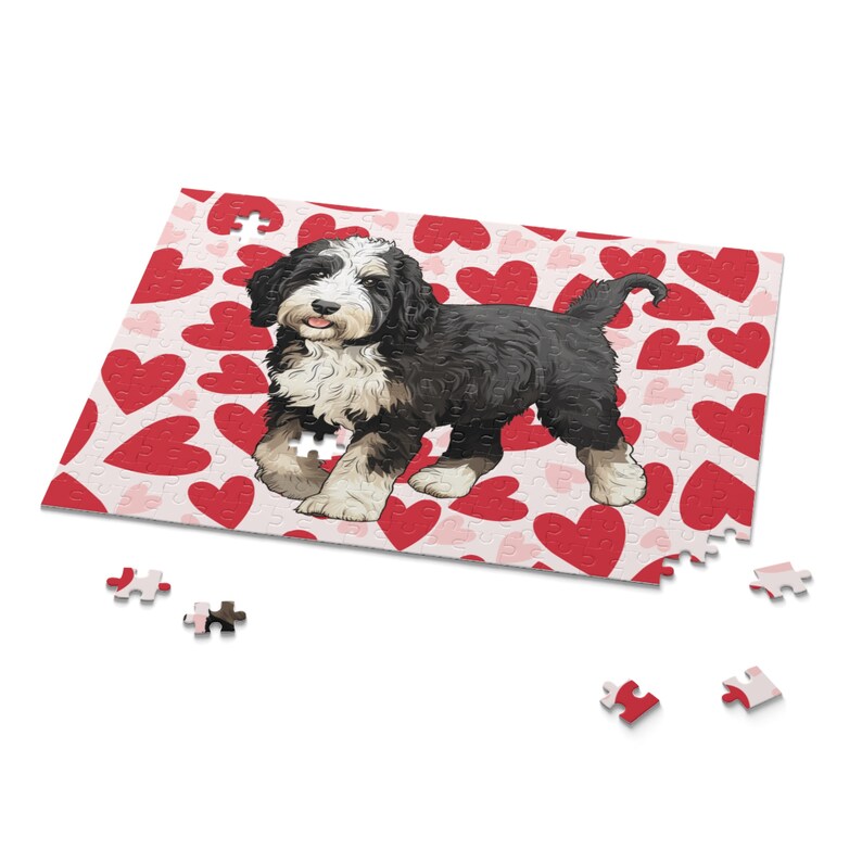 Valentine Bernedoodle Jigsaw Puzzle Box, Colorful Hearts Puzzle Best ...