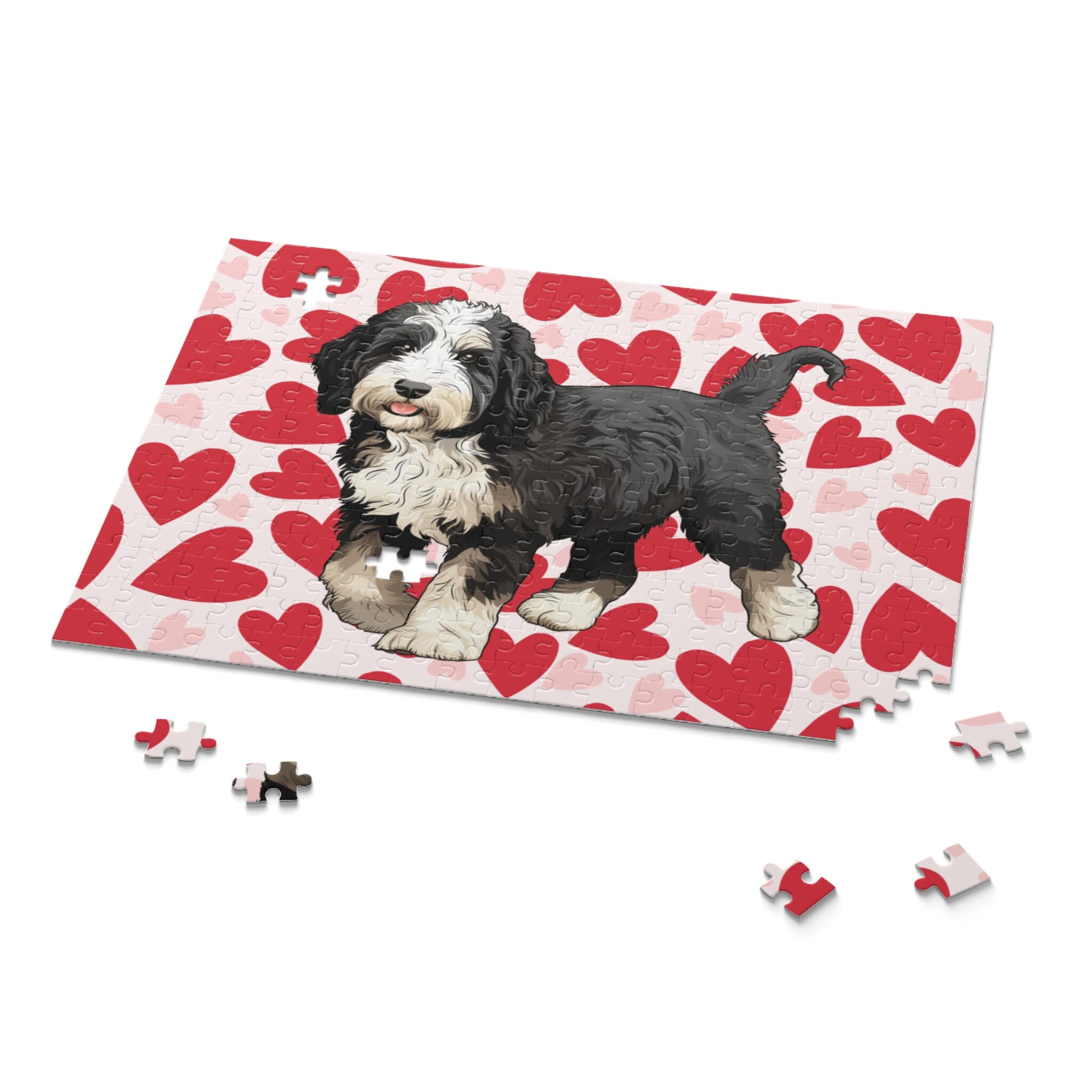 Valentine Bernedoodle Jigsaw Puzzle Box, Colorful Hearts Puzzle Best ...