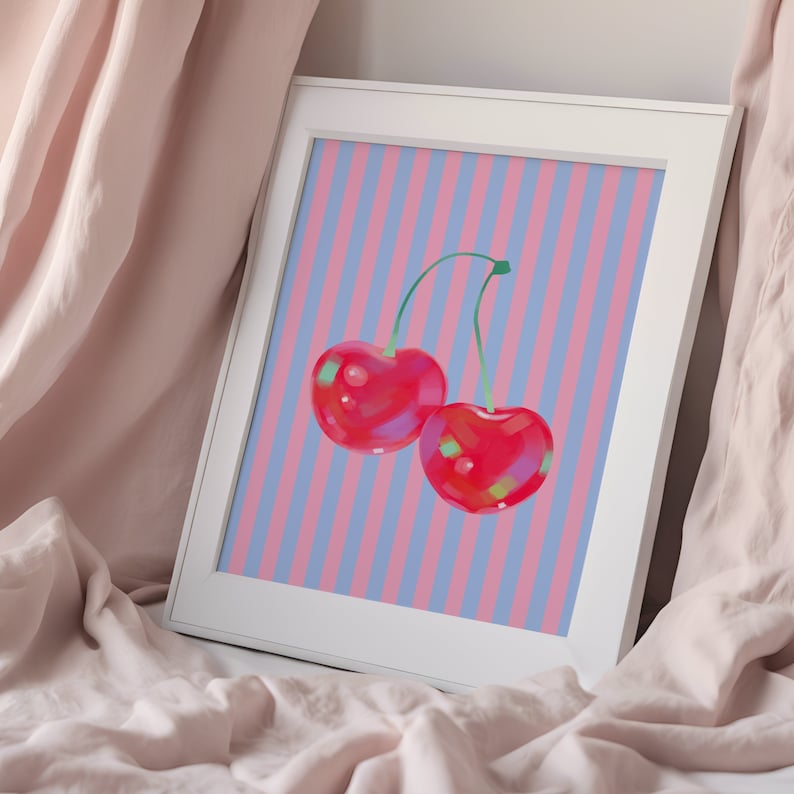 Retro Cherry Print | Colorful Fruit Wall Art | Playful Home Wall Decor ...