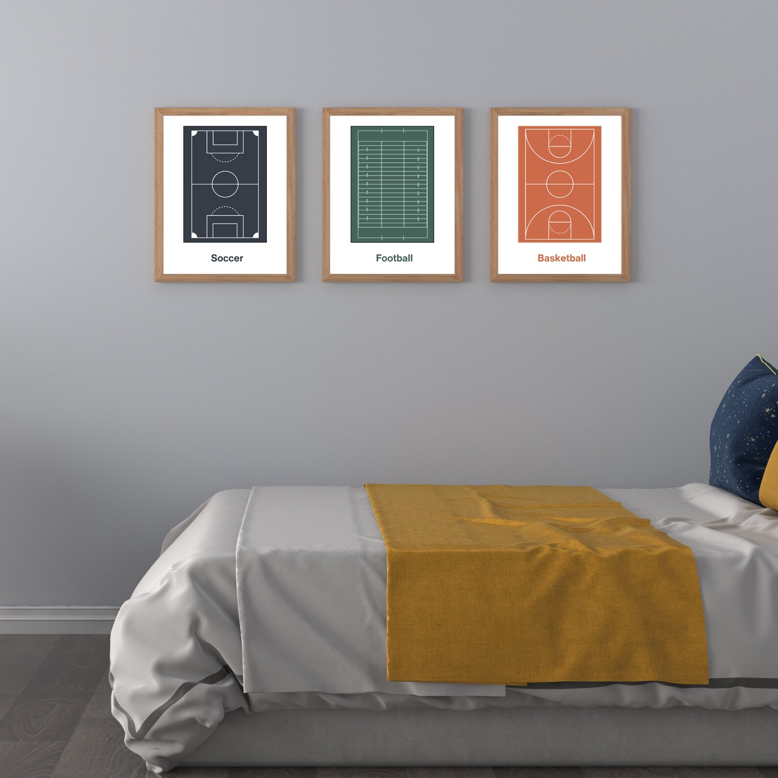Set of 3 Sports Art Prints - Soccer Field, Football Field, Basketball ...