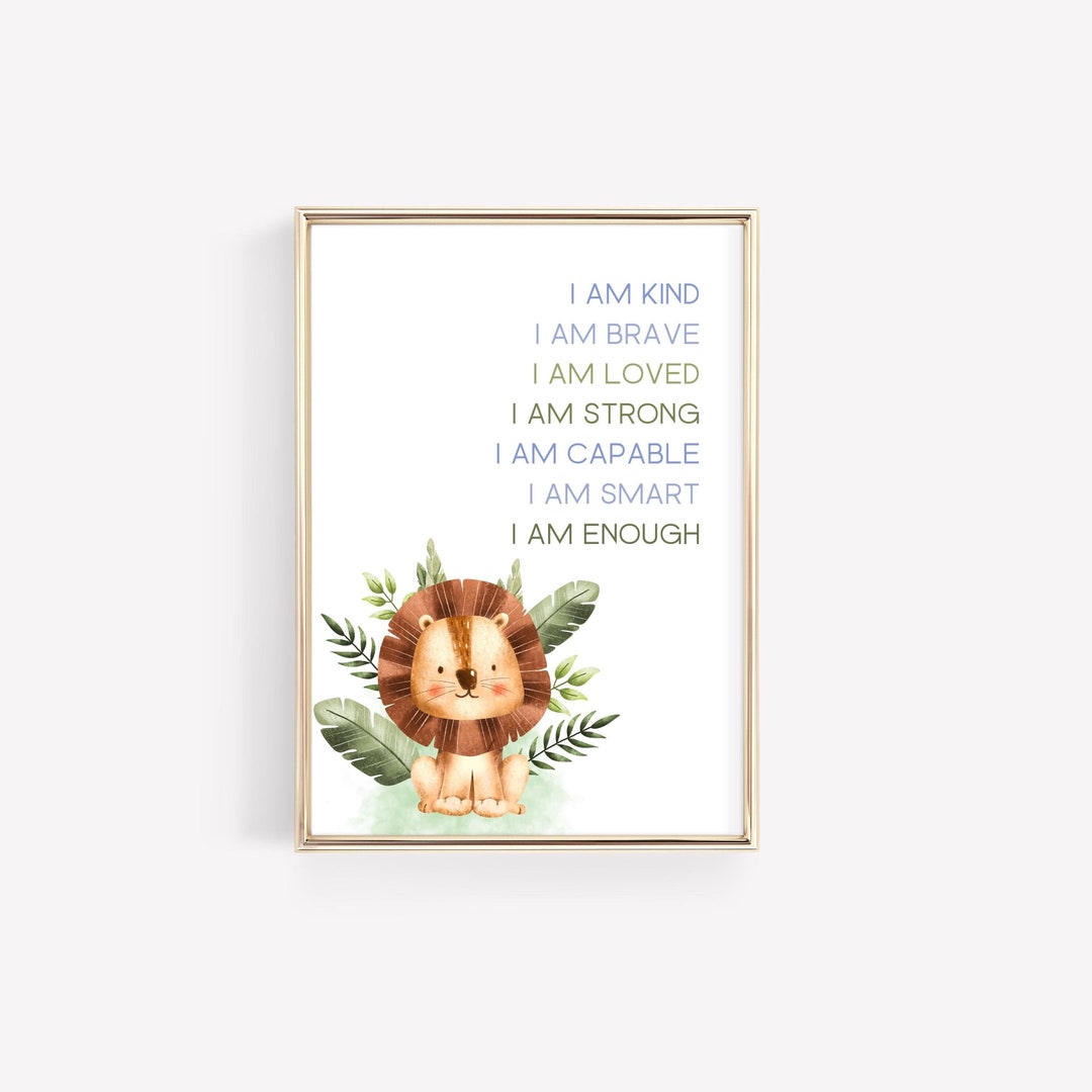 Lion Positive Affirmations Wall Art for Kids, Jungle Animal Nursery ...