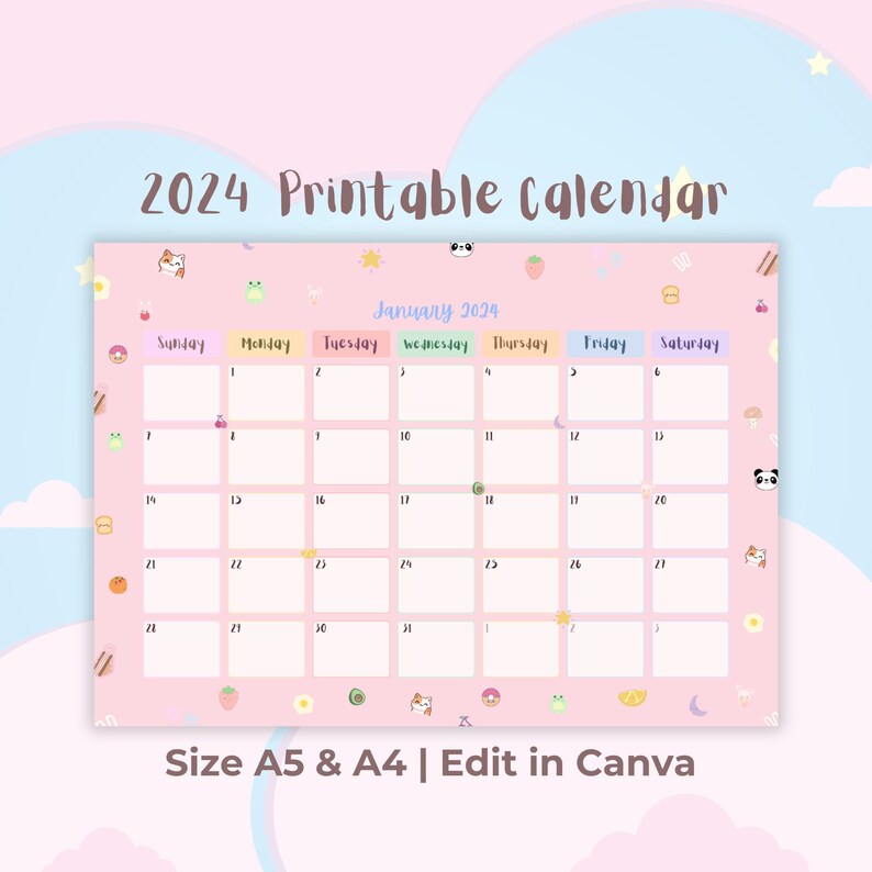 2024 Cute Pink Kawaii Calendar Rainbow Weekly Planner Cute Calendar ...