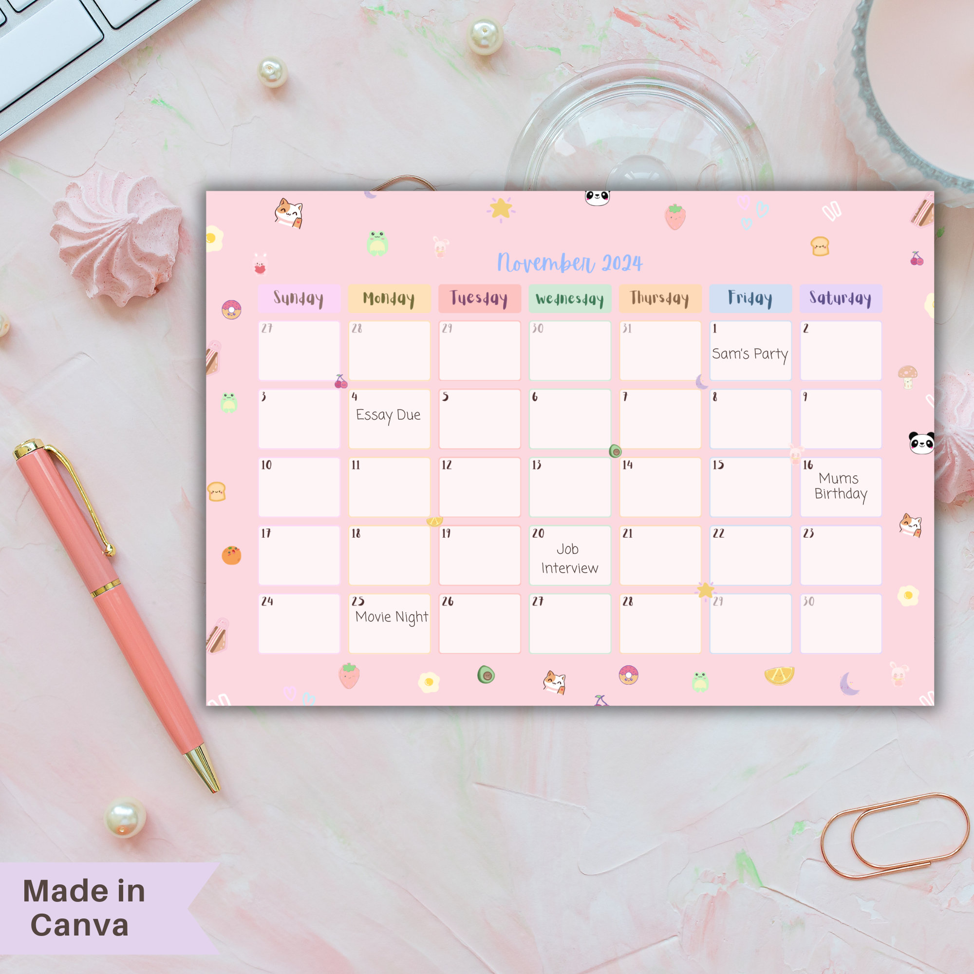 2024 Cute Pink Kawaii Calendar Rainbow Weekly Planner Cute Calendar ...