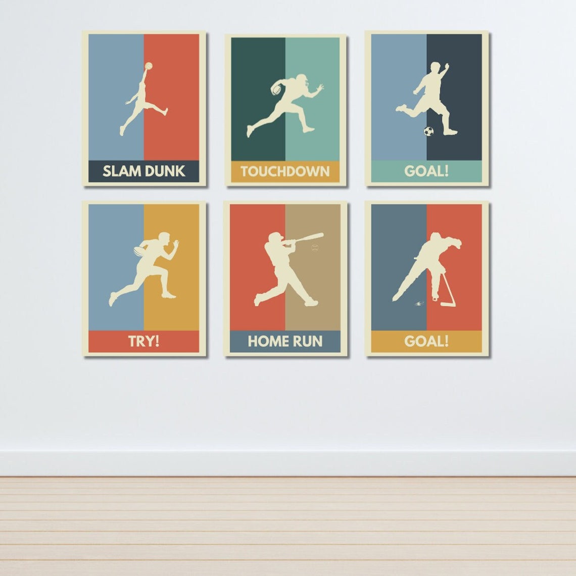 Set of 6 Retro Sports Prints Retro Colours Boys Room Décor Basketball ...