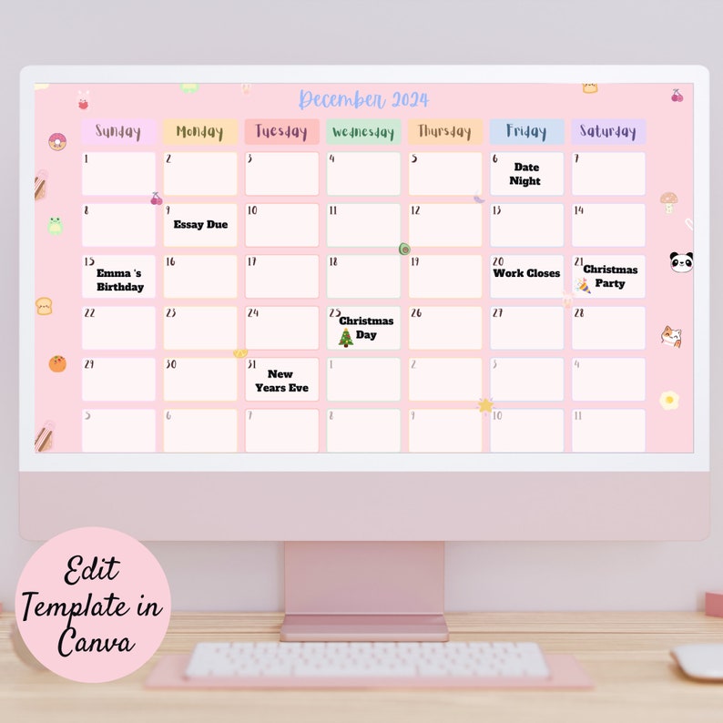 2024 Cute Pink Kawaii Calendar Rainbow Weekly Planner Cute Calendar ...
