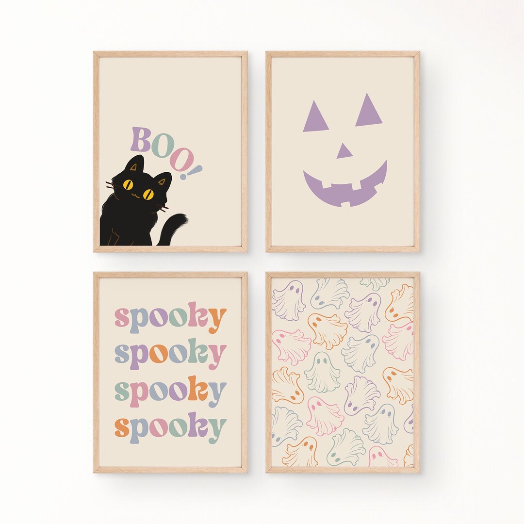 Set of 4 Cute Halloween Prints, Kids Room Decor, Pastel Halloween Wall ...