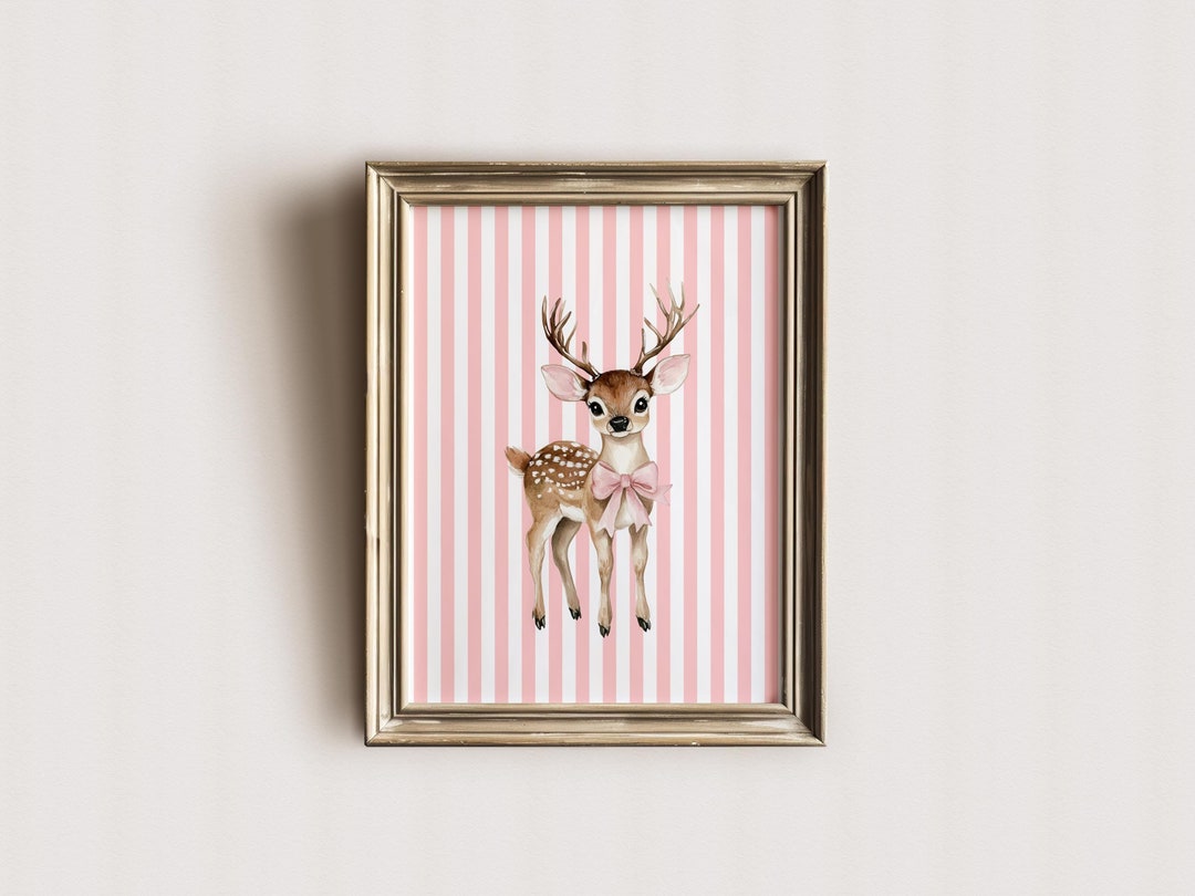 Cute Pink Deer Wall Art, Preppy Holiday Print With Bow, Cottagecore ...