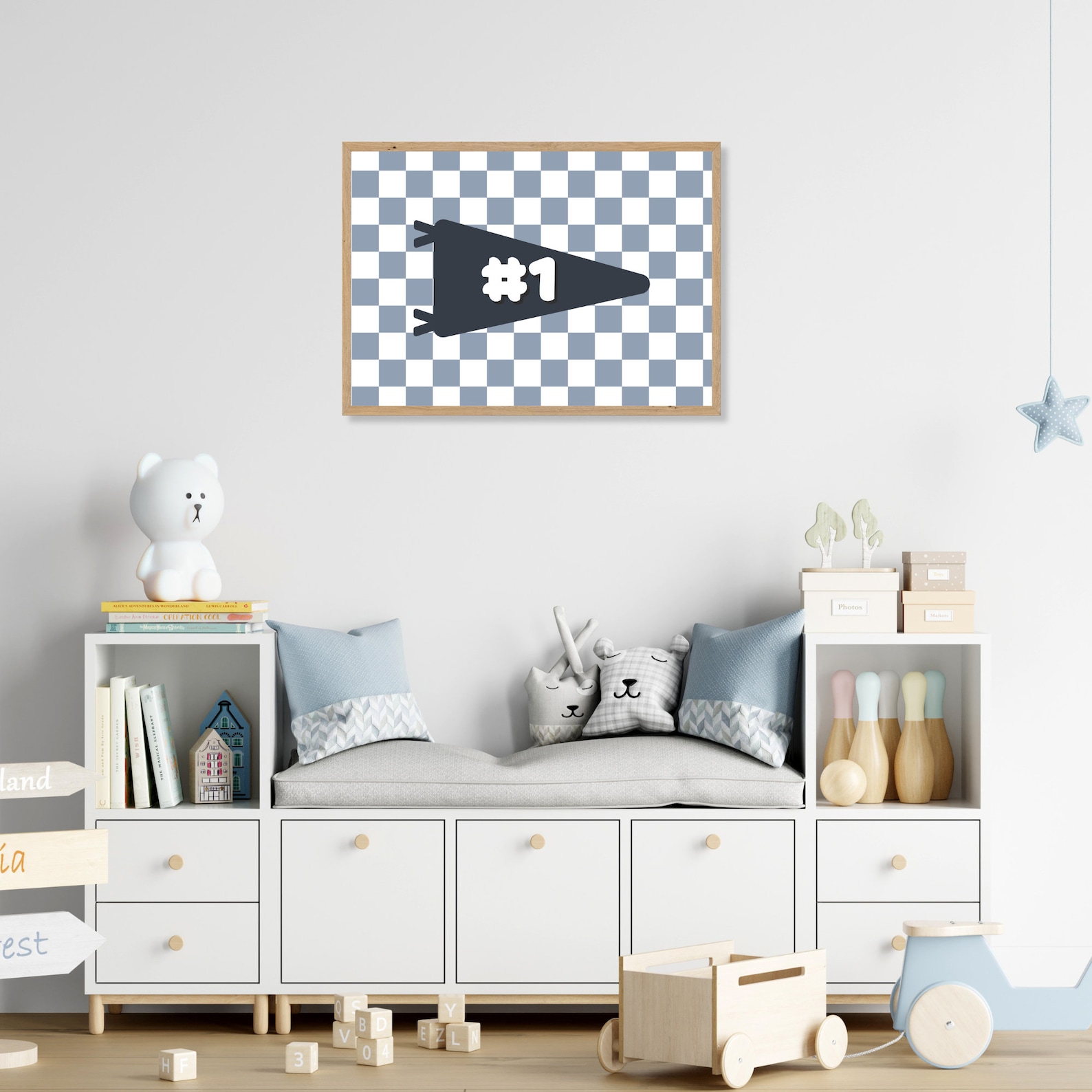Blue Sports Print | Champion Pennant Wall Art | Blue Gingham | Soccer ...